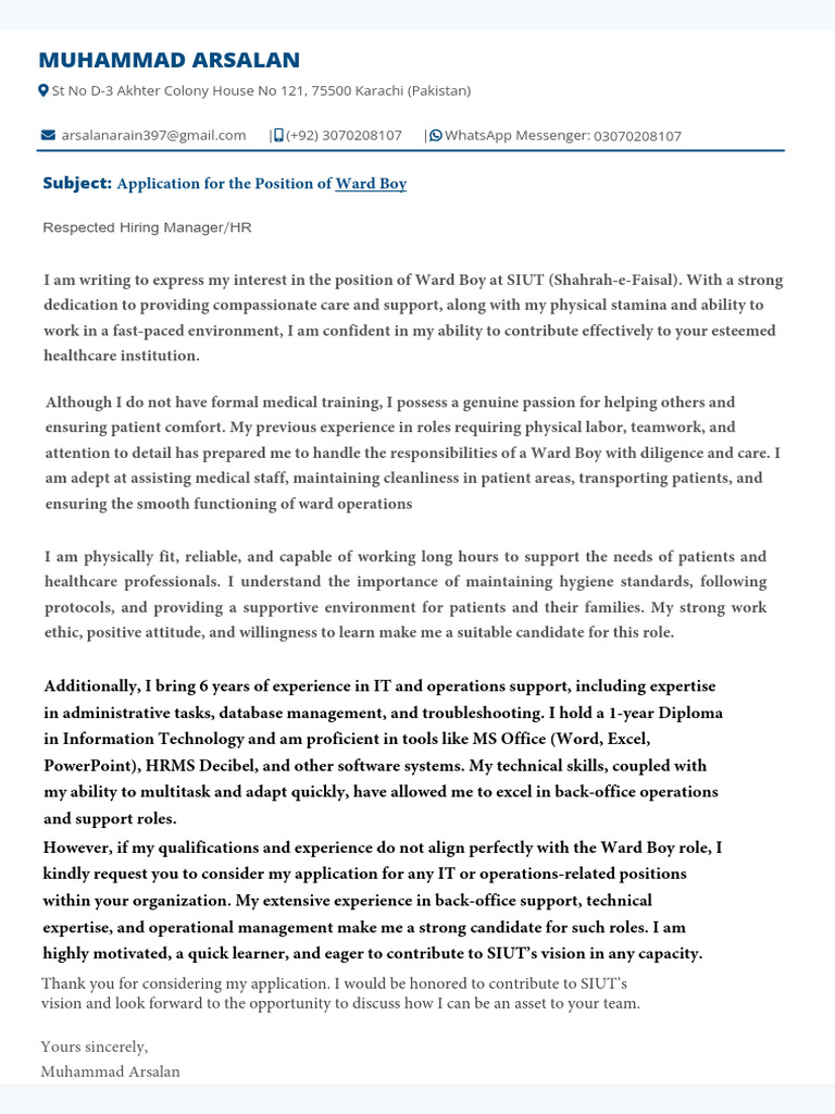 Ward Boy CV Arsalan SIUT | PDF | Recruitment | Tax Bracket