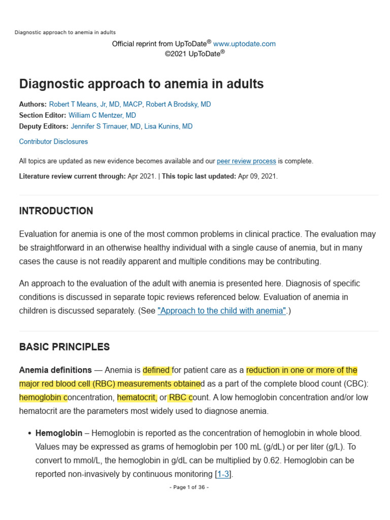 Diagnostic Approach To Anemia in Adults | PDF | Anemia | Clinical Pathology