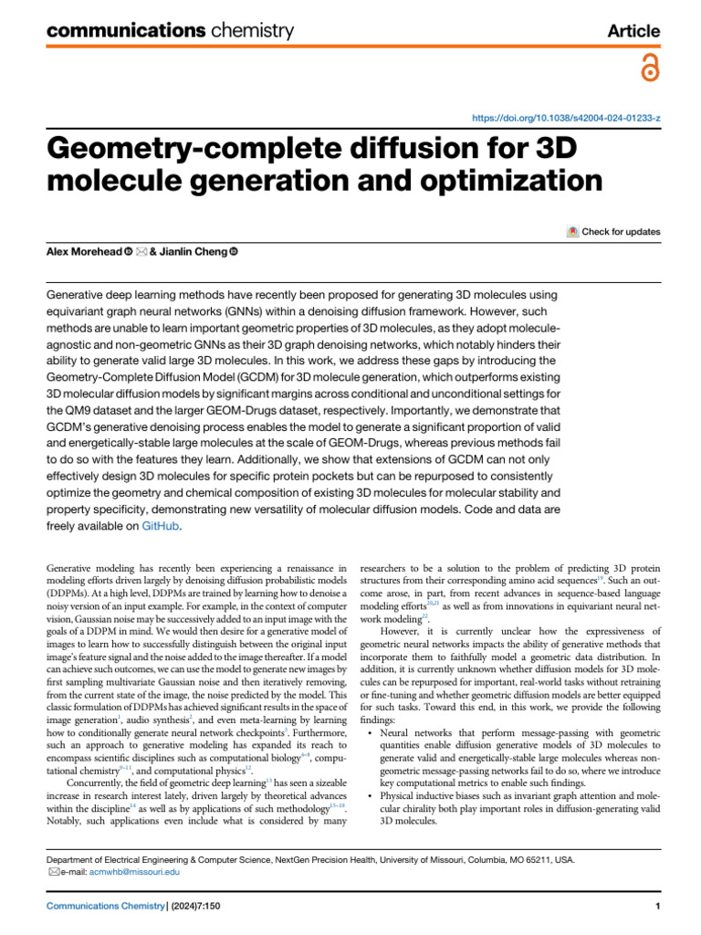 Morehead and Cheng - 2024 - Geometry-Complete Diffusion For 3D Molecule Genera | PDF | Molecules ...