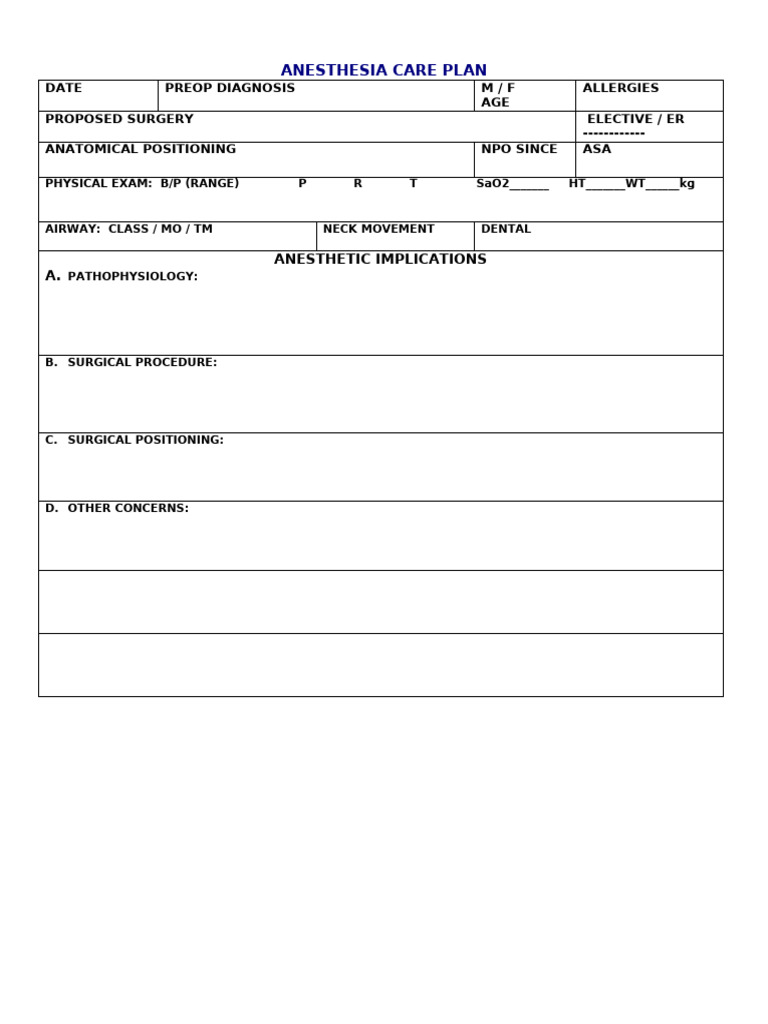 Anesthesia Care Plan Template | PDF