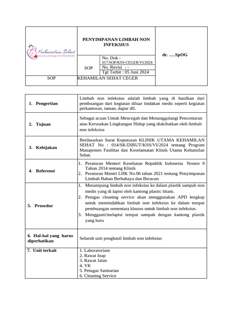 Sop Penyimpanan Limbah Non Infeksius (Domestik) | PDF