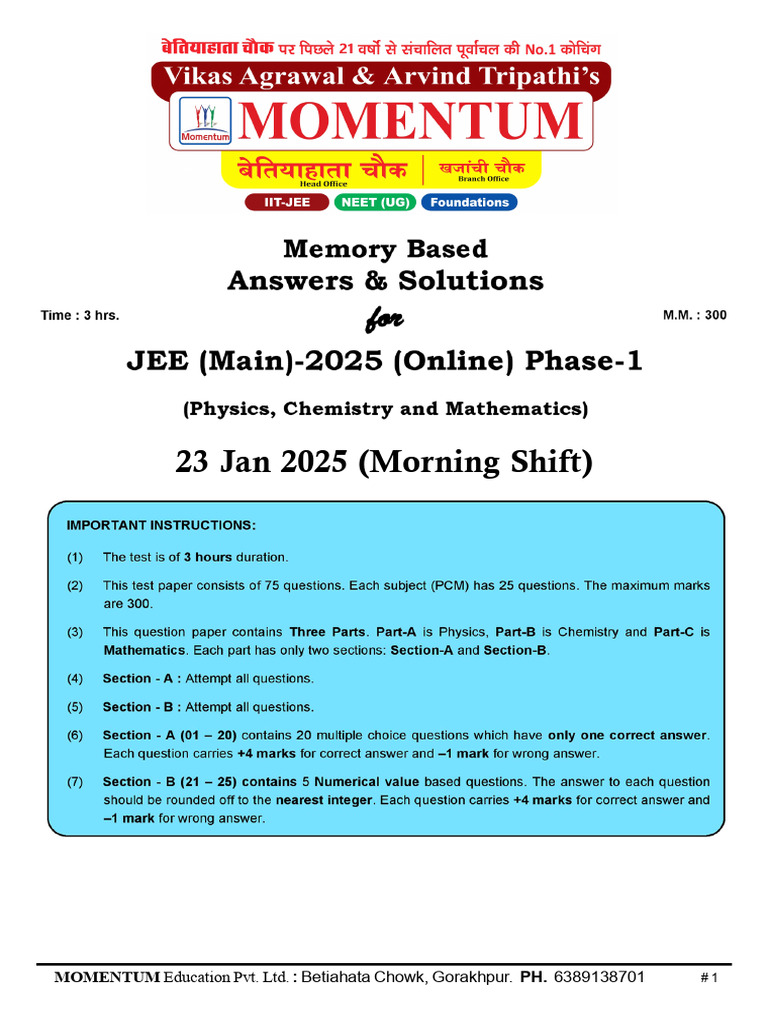 JEE Main Paper 2025 (23 Jan 2025, Morning Shift) | PDF