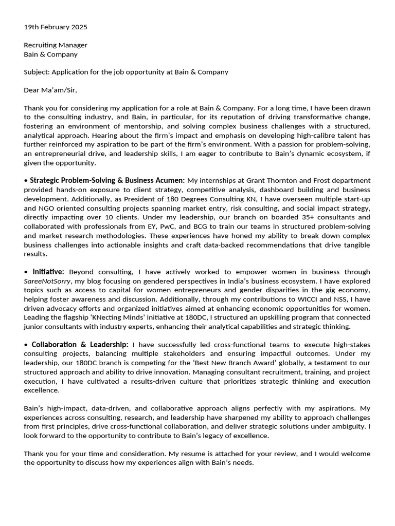 Application for Bain & Company Role | PDF | Leadership | Business