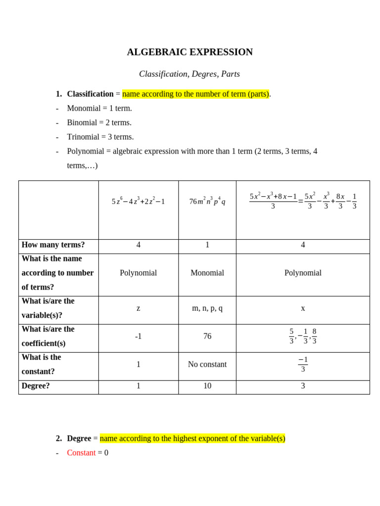 Note - ALGEBRAIC EXPRESSION | PDF | Polynomial | Mathematics