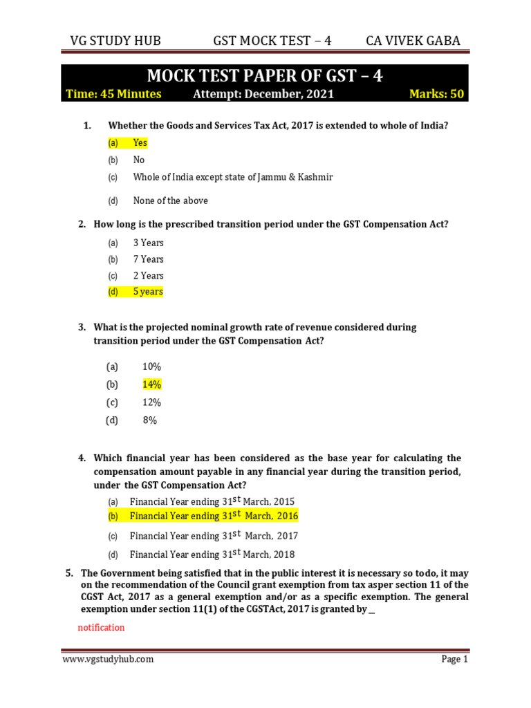 Mock Test Paper of GST 4 With Answer by CA Vivek Gaba. | PDF | Value ...