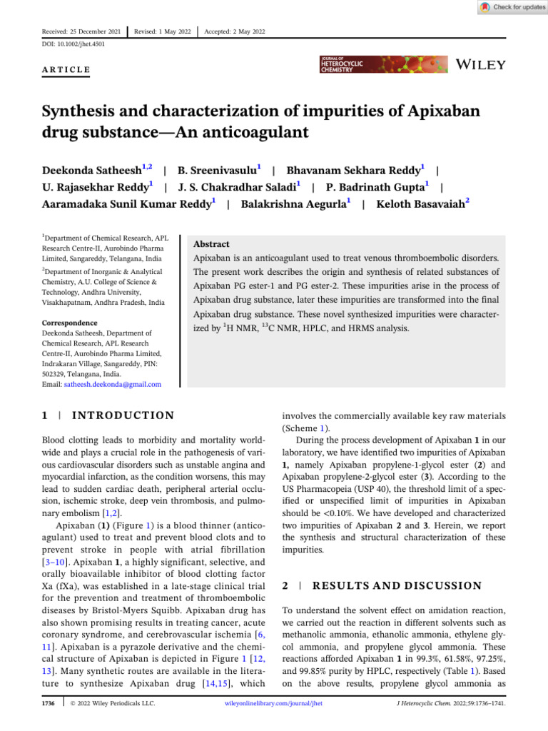 Synthesis of Apixaban Impurities | PDF | Thrombosis | Vascular Diseases