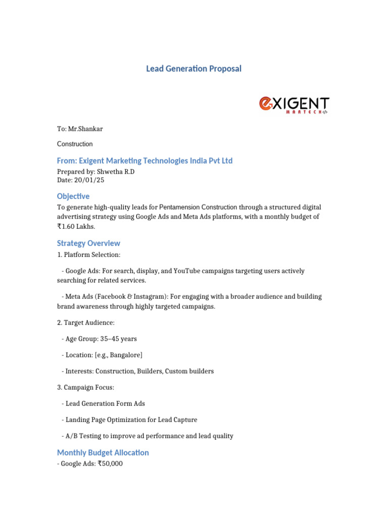 Lead - Generation - Proposal - Construction - Shankar | PDF