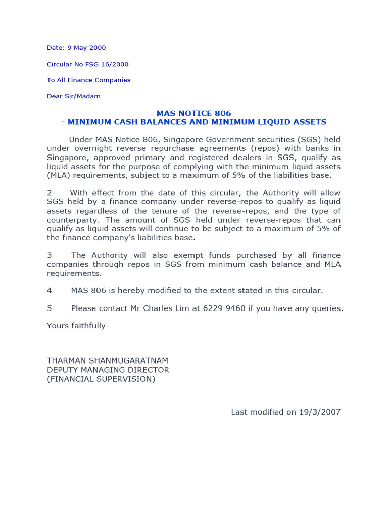 MAS Notice 806: Liquid Asset Guidelines | PDF