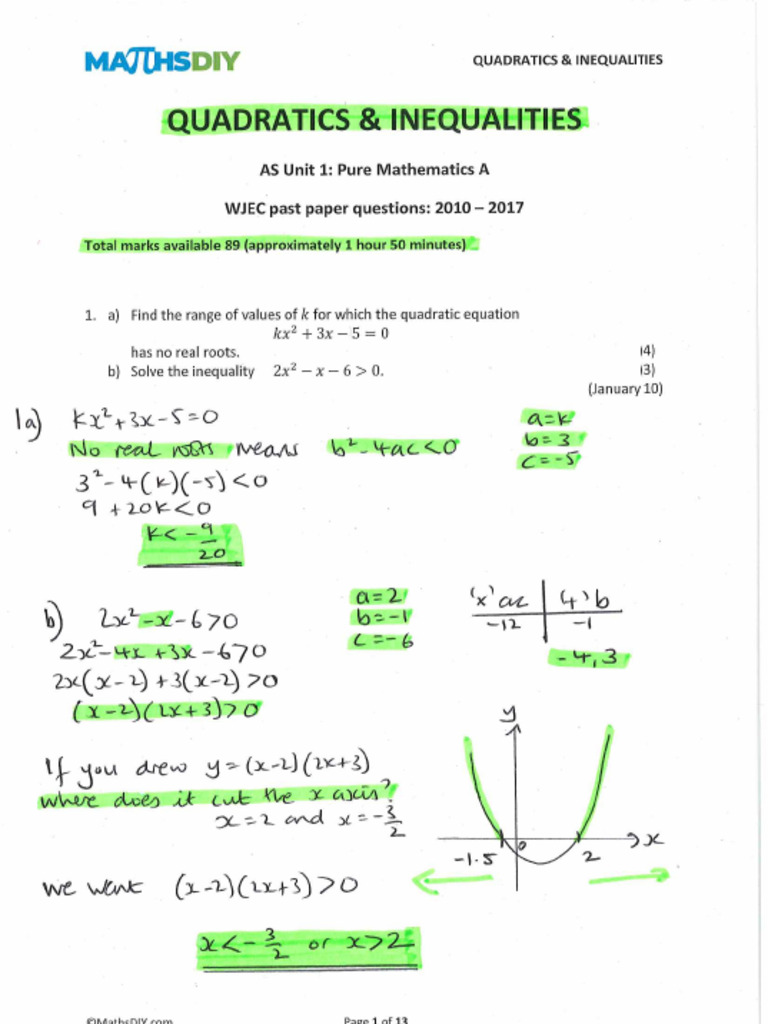 Quadratics Inequalities SOLUTIONS 6 | PDF