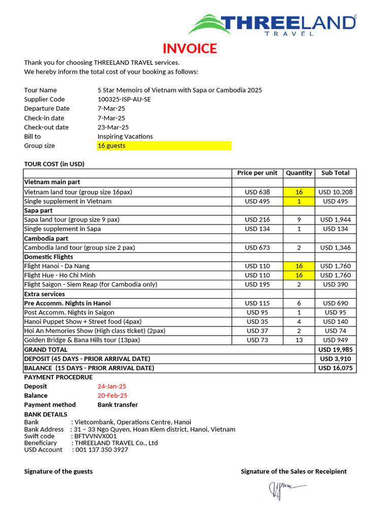 Invoice 5 Star Memoirs of Vietnam With Sapa or Cambodia 2025 - 100325-IsP-AU-SE | PDF | Aviation ...