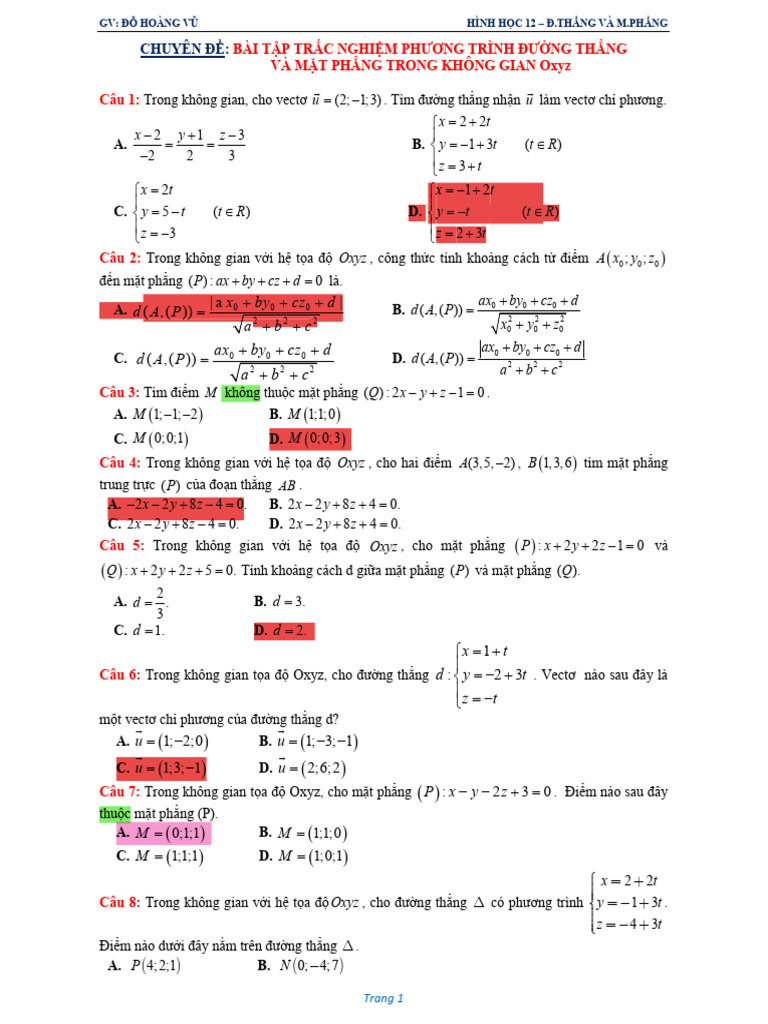 Bai Tap Trac Nghiem PT Duong Thang Va Mat Phang | PDF