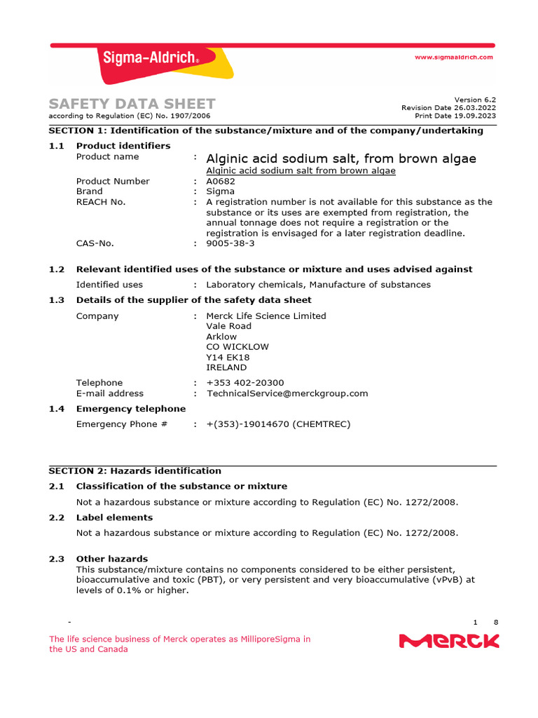 Alginic Acid Sodium Salt Safety Data Sheet | PDF | Dangerous Goods ...
