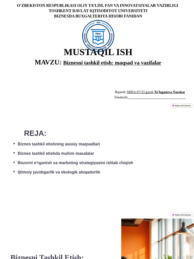 Biznesni Tashkil Etish Maqsad Va Vazifalar | PDF
