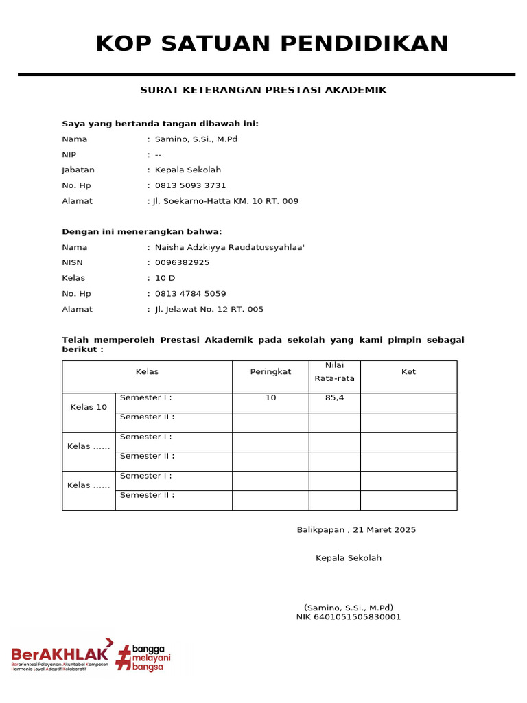 Format Surat Keterangan Prestasi | PDF