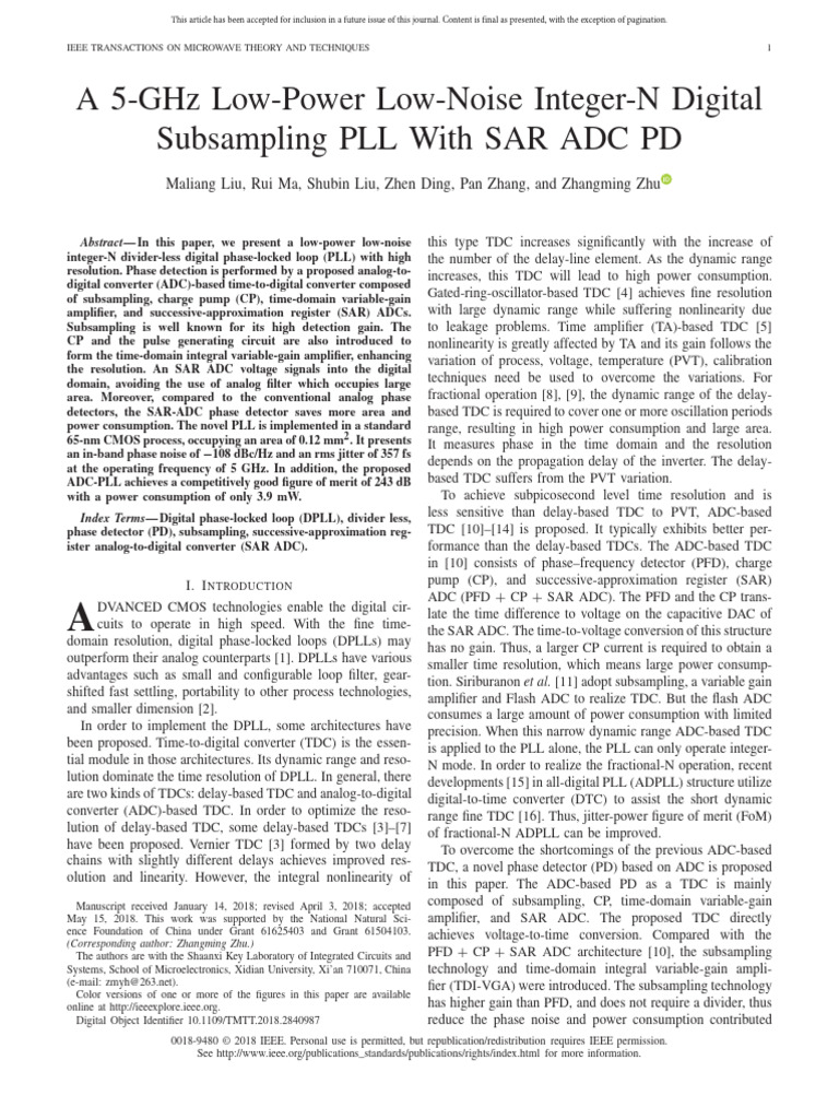 A 5-GHz Low-Power Low-Noise Integer-N Digital Subsampling PLL With SAR ...