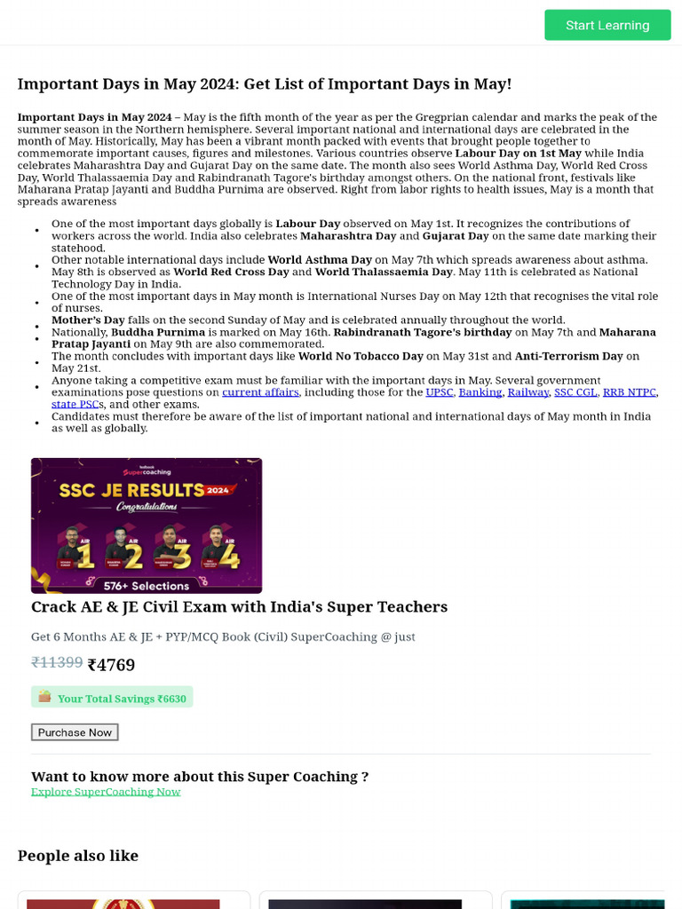 Important Days in May 2024 - Get List of Important Days in May! | PDF