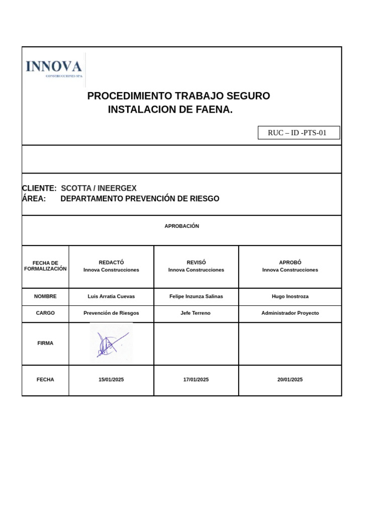 Procedimiento Trabajo Seguro Instalacion de Faena Rucacura | PDF | Santiago | Chile