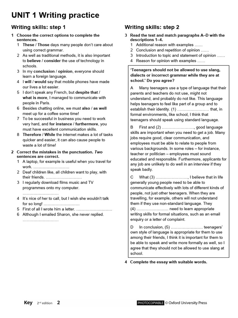 Key2e L2 Worksheets Writing Unit 1 | PDF | Adolescence | Human Communication