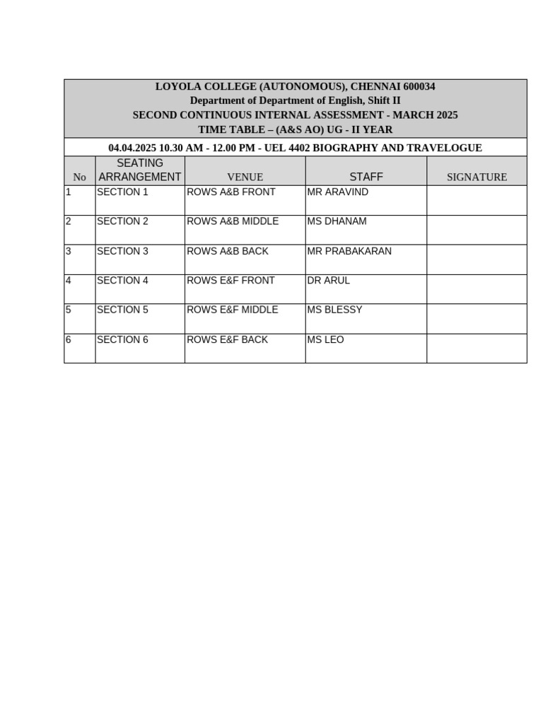 Loyola College Internal Assessment Timetable | PDF