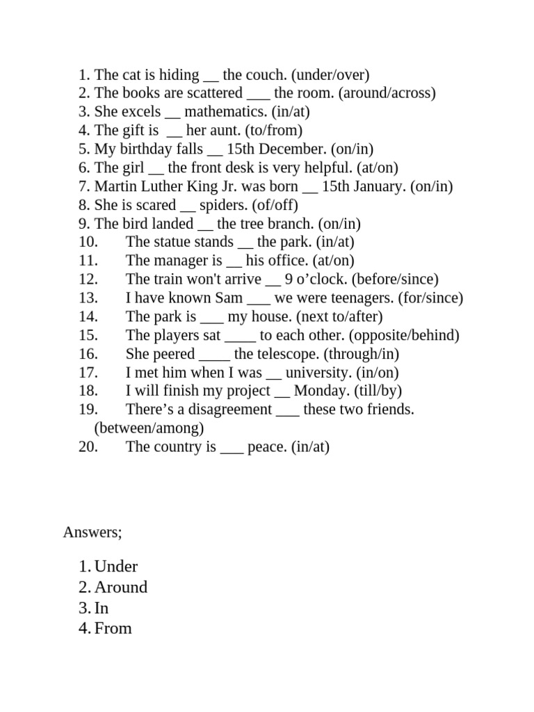 Preposition Exercise | PDF