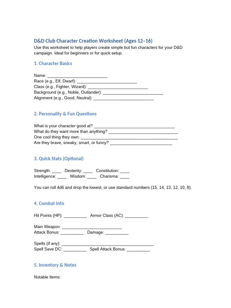 Character Creation Worksheet DND Club | PDF
