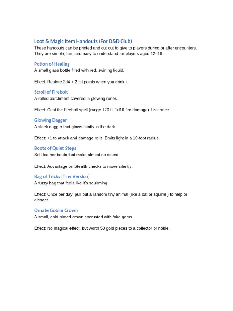 Loot and Magic Item Handouts DND Club | PDF