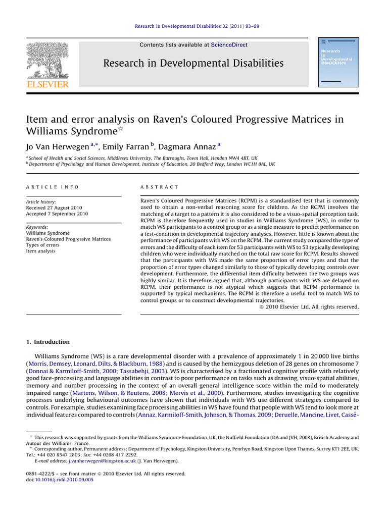 Van Herwegen, J., Farran, E., & Annaz, D. (2011). Item and error ...