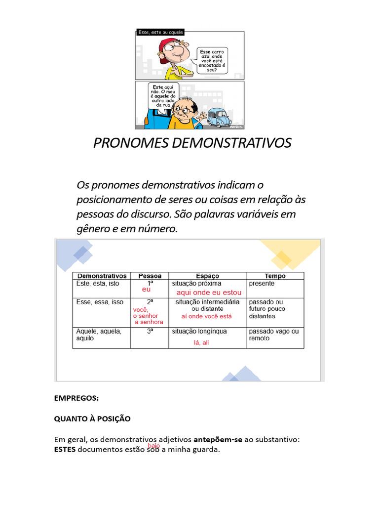 Pronomes Demonstrativos: Uso e Exemplos | PDF | Pronome | Linguística