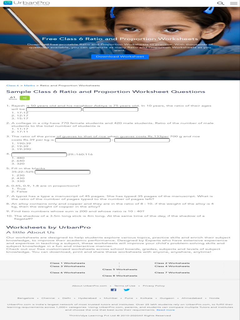 Free Printable Class 6 Ratio and Proportion | PDF