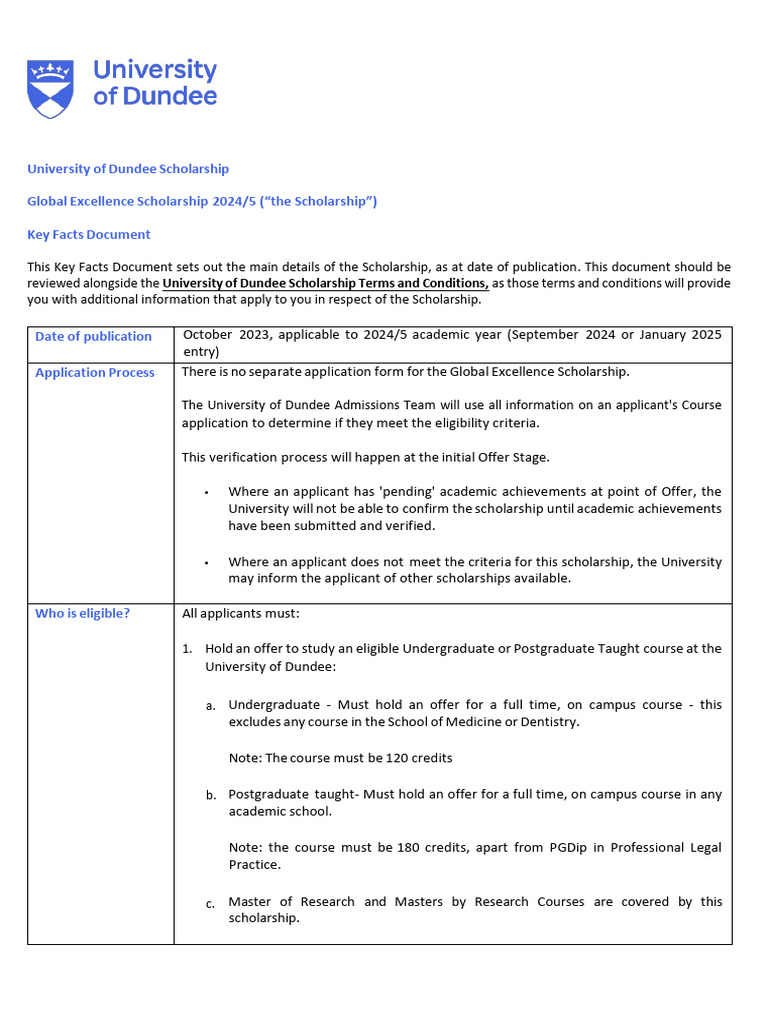 University of Dundee Global Excellence Scholarship 2024/5 | PDF | Postgraduate Education ...
