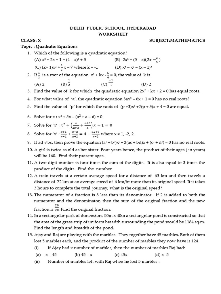 Class 10 Q Equations Worksheet 23-24 | PDF | Speed | Elementary Mathematics