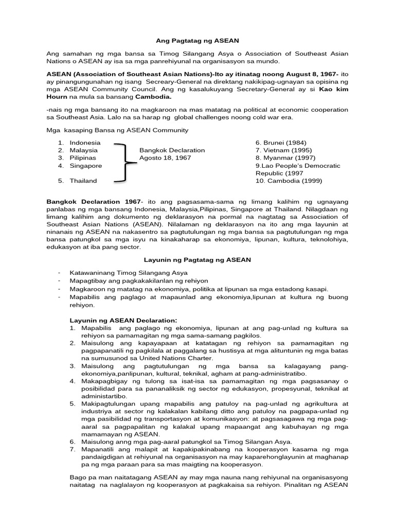 Ang Pagtatag NG ASEAN-TOPIC 1 - 115308 | PDF