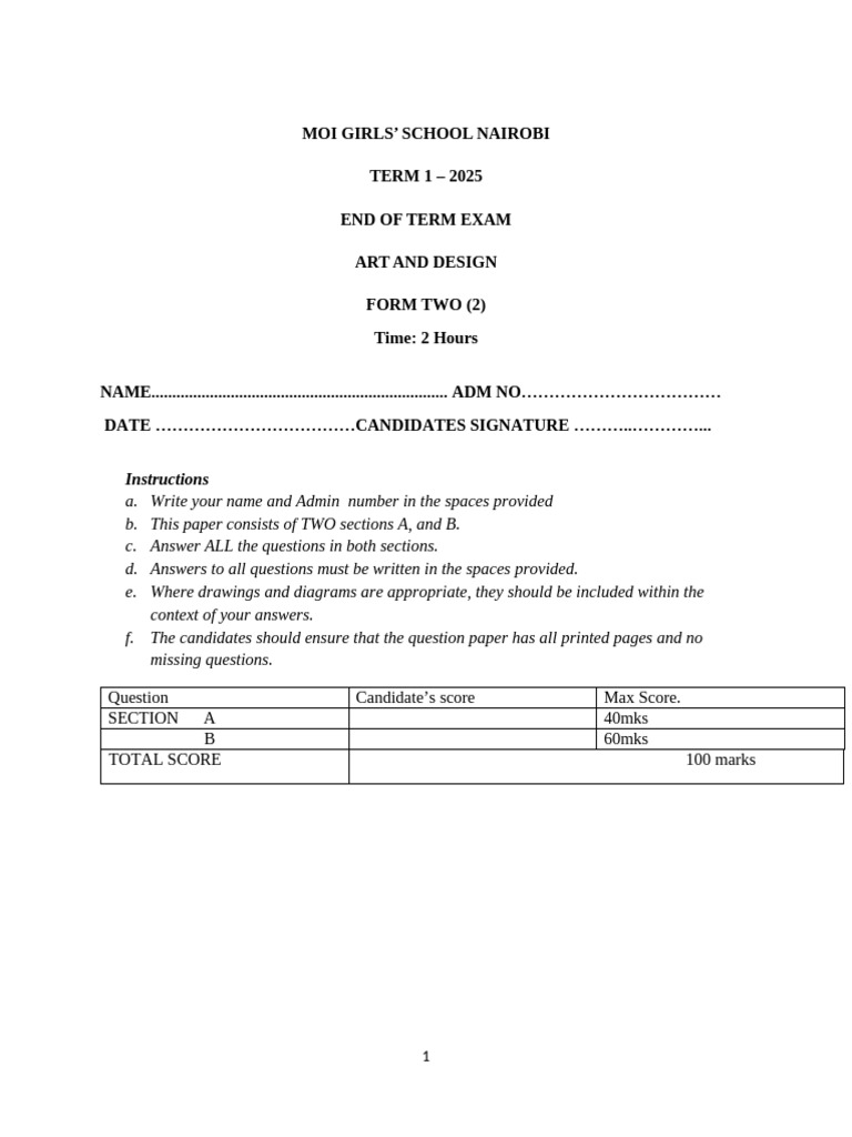 Term 1 Art and Design Exam Paper | PDF