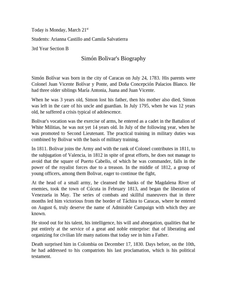 Simón Bolívar: Life and Legacy Summary | PDF