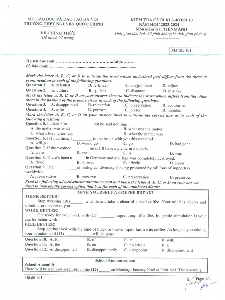 De Cuoi Ki 2 Tieng Anh 10 Nam 2023 2024 Truong THPT Nguyen Quoc Trinh ...