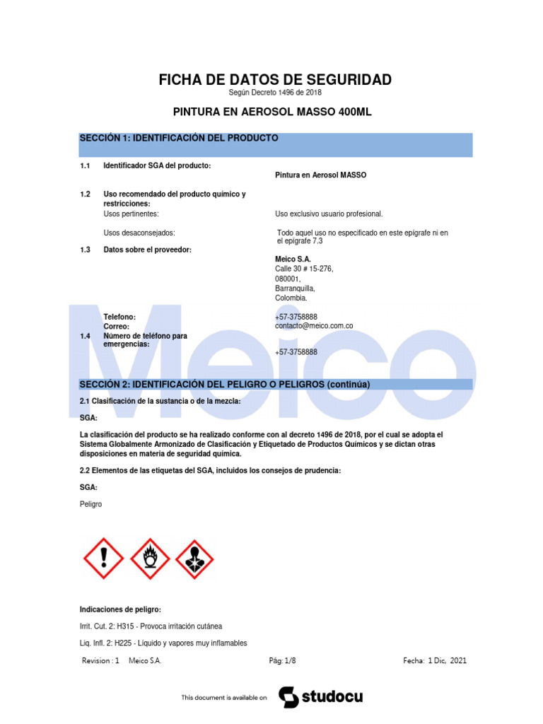 Fds Aerosol Azul Masso Hoja de Sguridad - Removed | PDF | Agua | Combustión