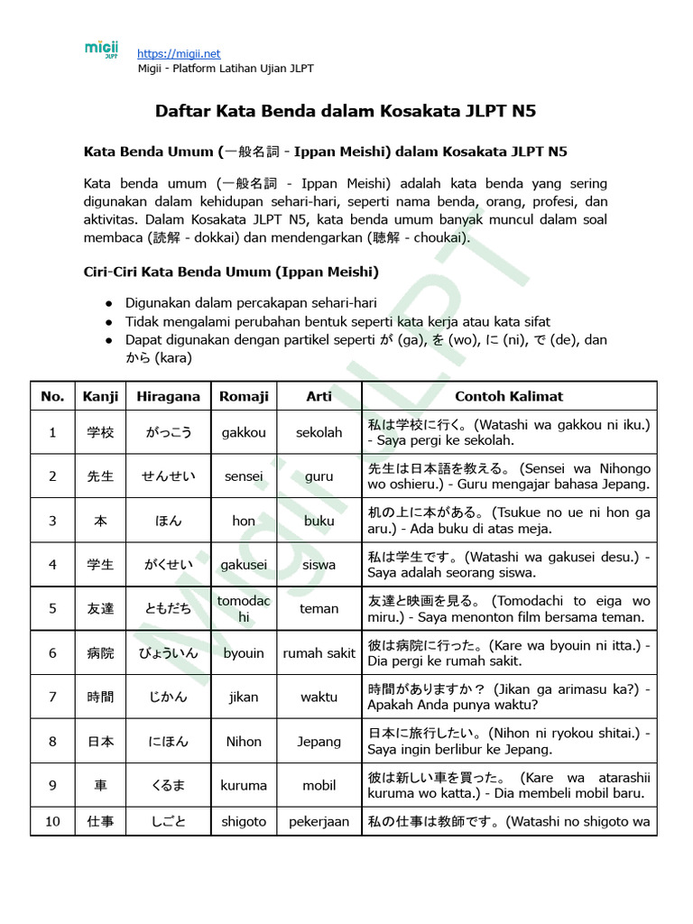 Kata Benda (名詞 - Meishi) - Kosakata JLPT N5 - 2 | PDF