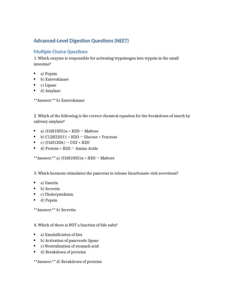 Digestive System MCQs for NEET | PDF | Digestion | Stomach
