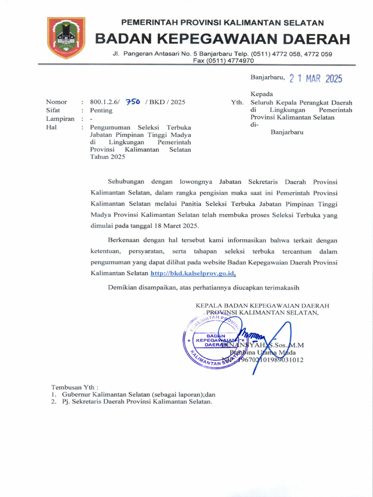 Surat Pengumuman Selter JPT Madya Sekda Prov Kalsel Utk Seluruh Kepala ...