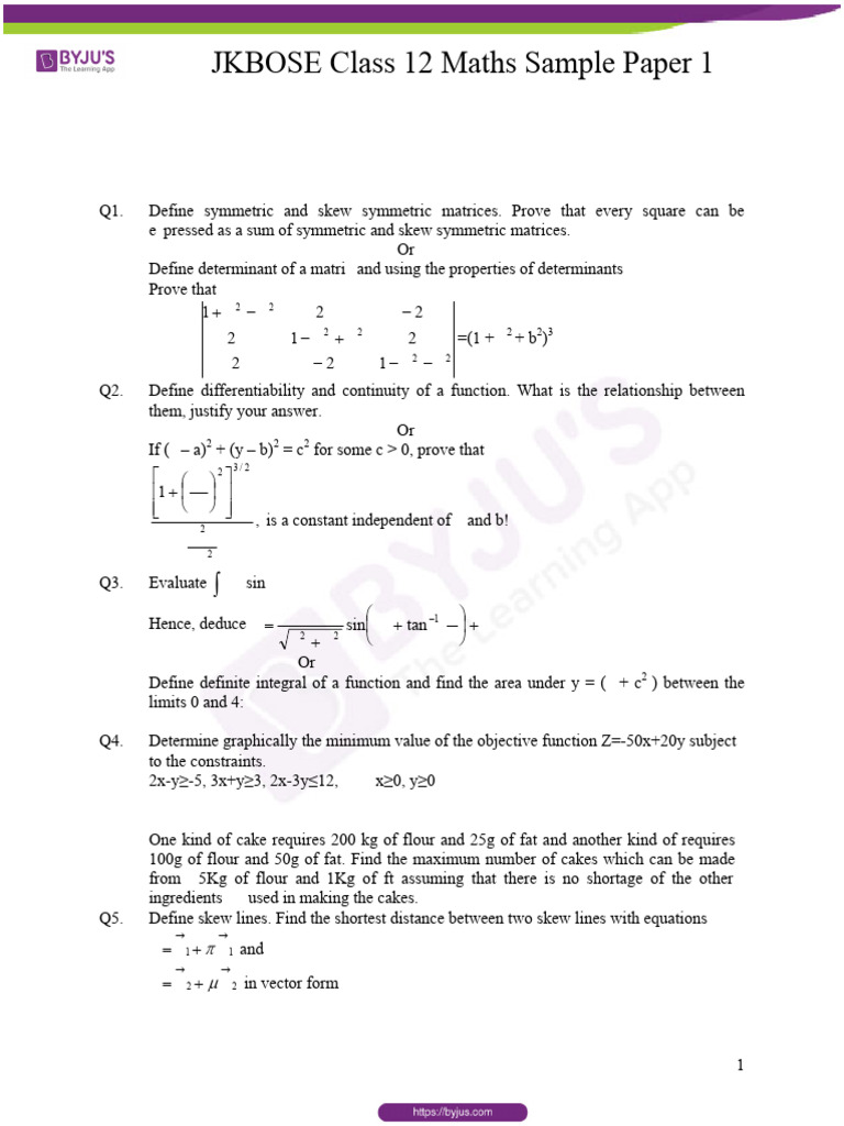 JKBOSE Class 12 Maths Sample Paper 1 | PDF | Determinant | Matrix ...