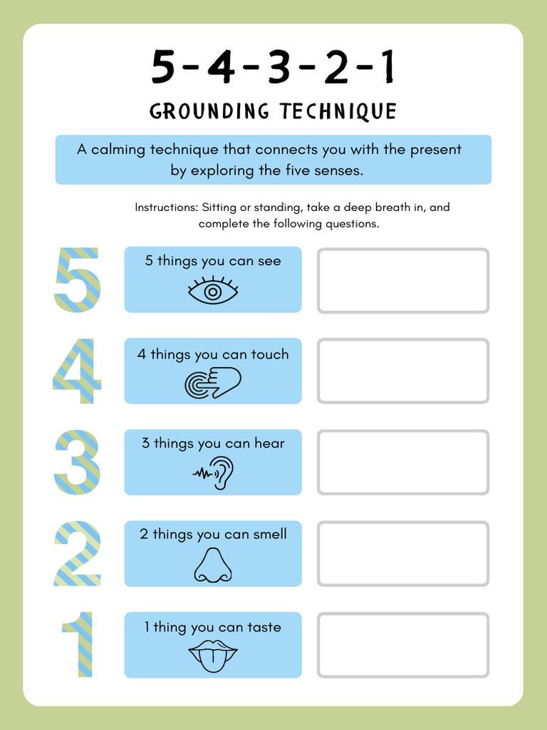Social Emotional Learning Grounding Technique Worksheet in Blue Green ...