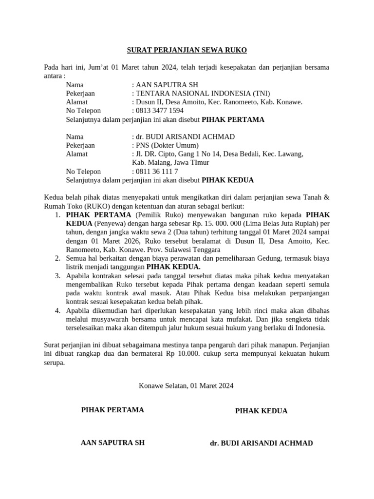 Surat Perjanjian Sewa Ruko | PDF