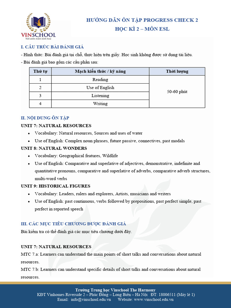 S8 - Hướng dẫn ôn tập Progress Check 2 - môn ESL - Học kỳ 2 - 2024-25 ...