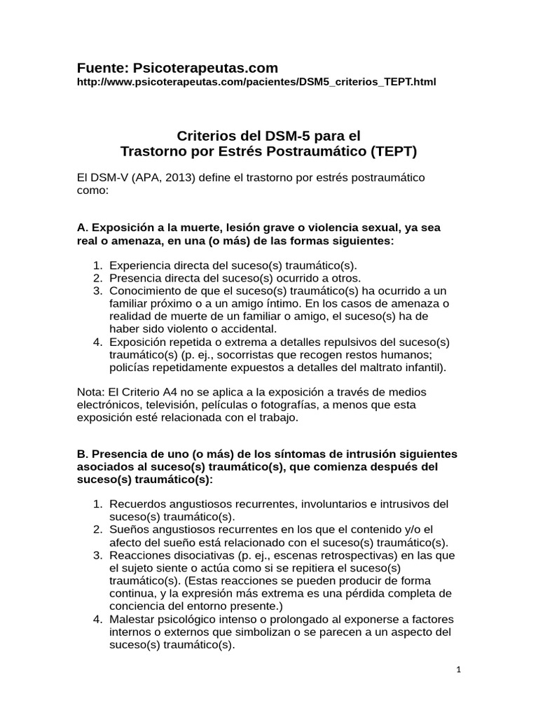 Criterios TEPT - DSM-V | PDF | Enfermedades y trastornos | Las emociones