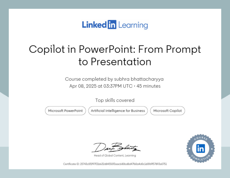 CertificateOfCompletion - Copilot in PowerPoint From Prompt To Presentation-2 | PDF