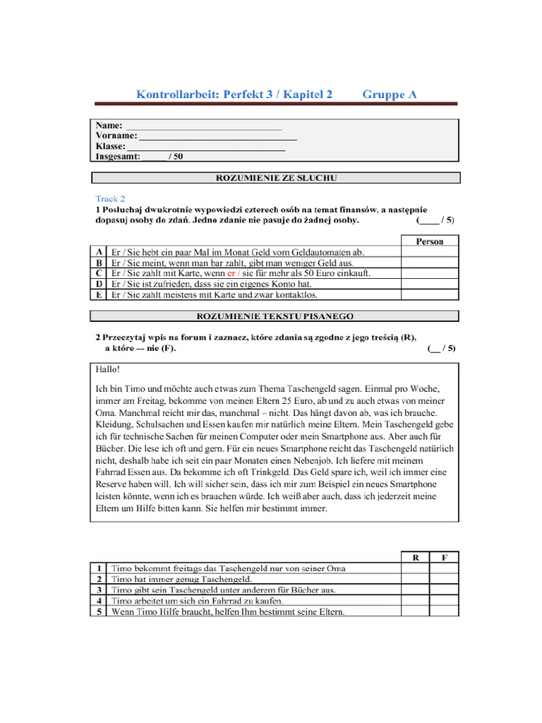 Perfekt 3 - Kapitel 2 - Test A | PDF