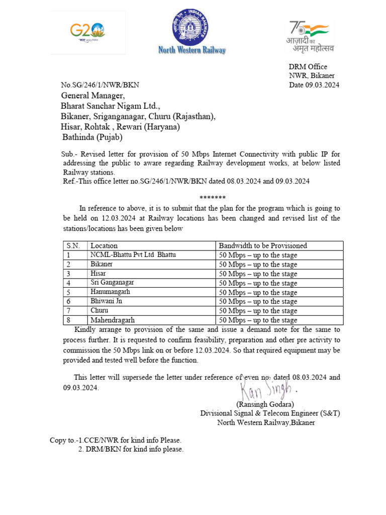 Revised II Letter To BSNL For The Event 12.03.2024 | PDF | Economy Of India | Internet Access