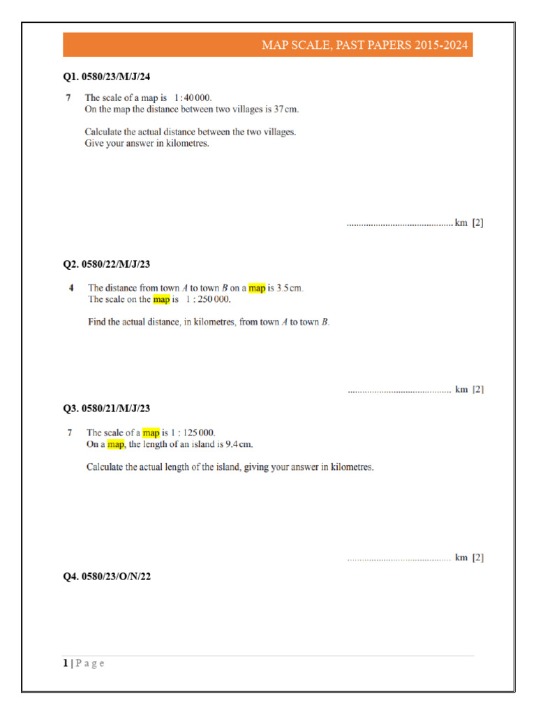 Map Scale Past Papers 2015-2024 | PDF