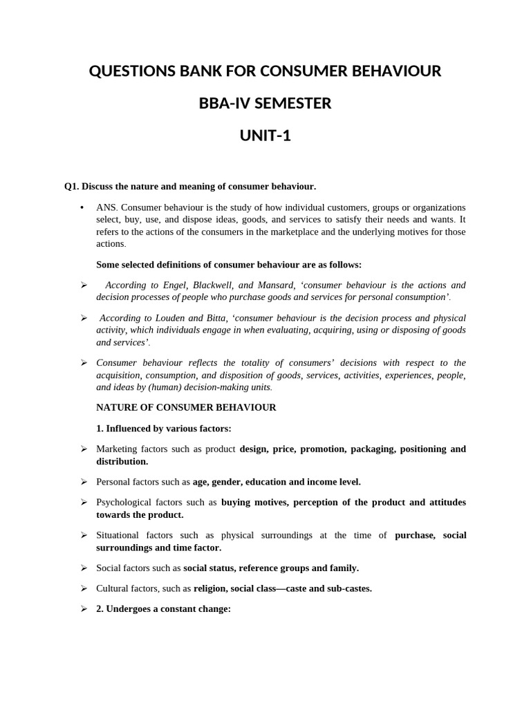 QUESTIONS BANK FOR CONSUMER BEHAVIOUR | PDF | Perception | Classical Conditioning