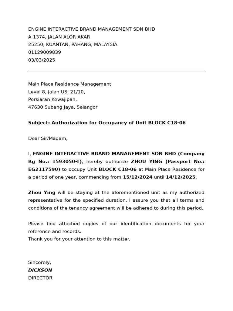 Authorization Letter - Accommodation C18-06 | PDF